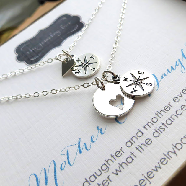 Mother daughter compass heart necklace set