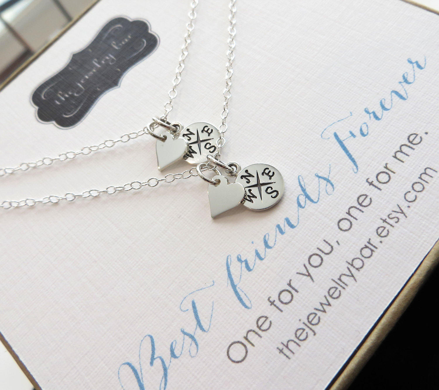 Long distance friendship gift, set of 2 heart & compass necklac...